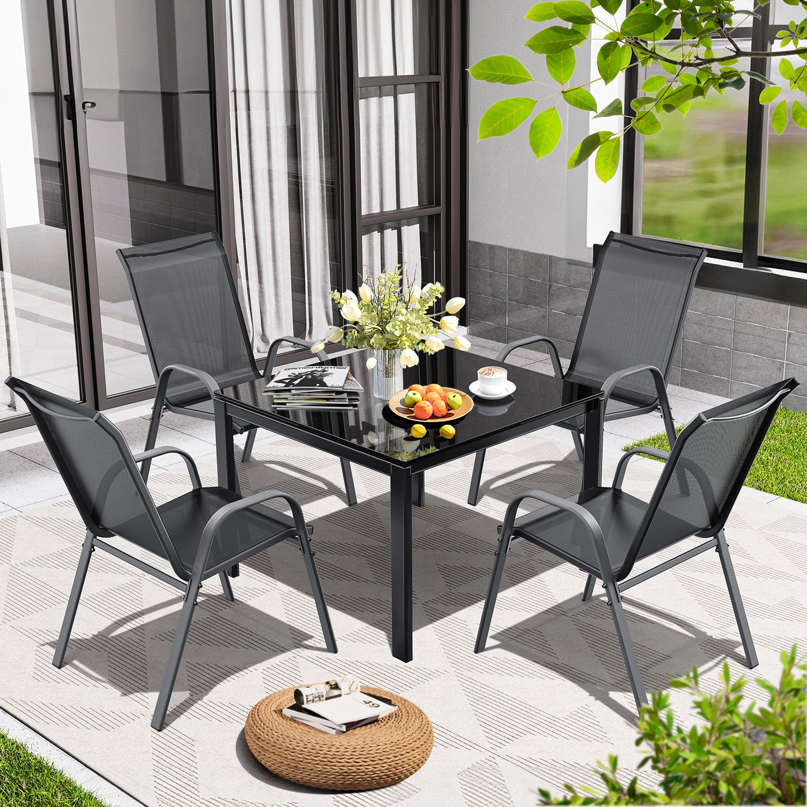 4 x Outdoor Stackable Patio Dining Chairs High Back Textilene Armchair ...